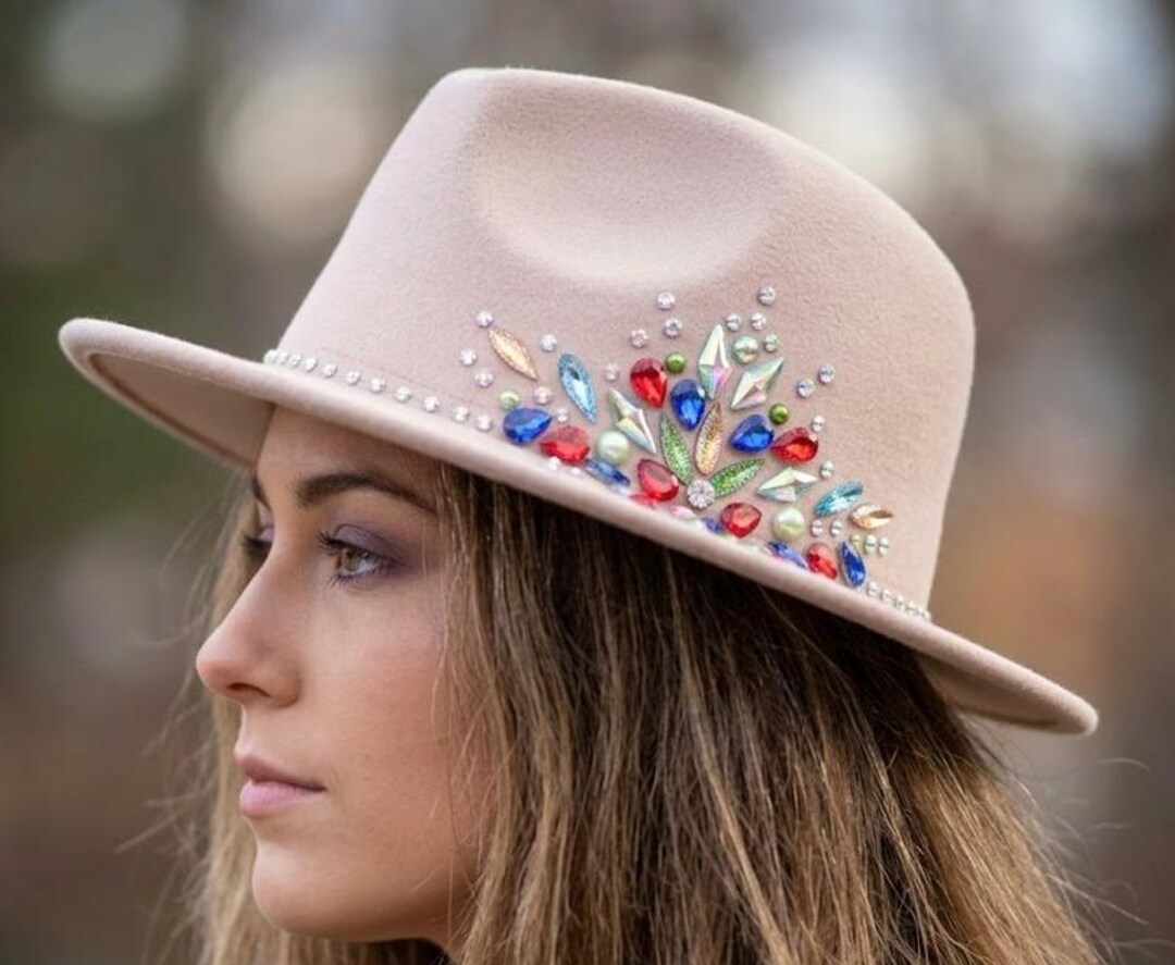Hand-crafted Fedora Hat With Rhinestone Embellishments, Pastel Hue, One ...