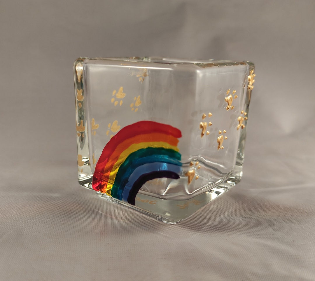 Hand-painted Rainbow Bridge Personalised Pet Memorial Tea-light Holder ...