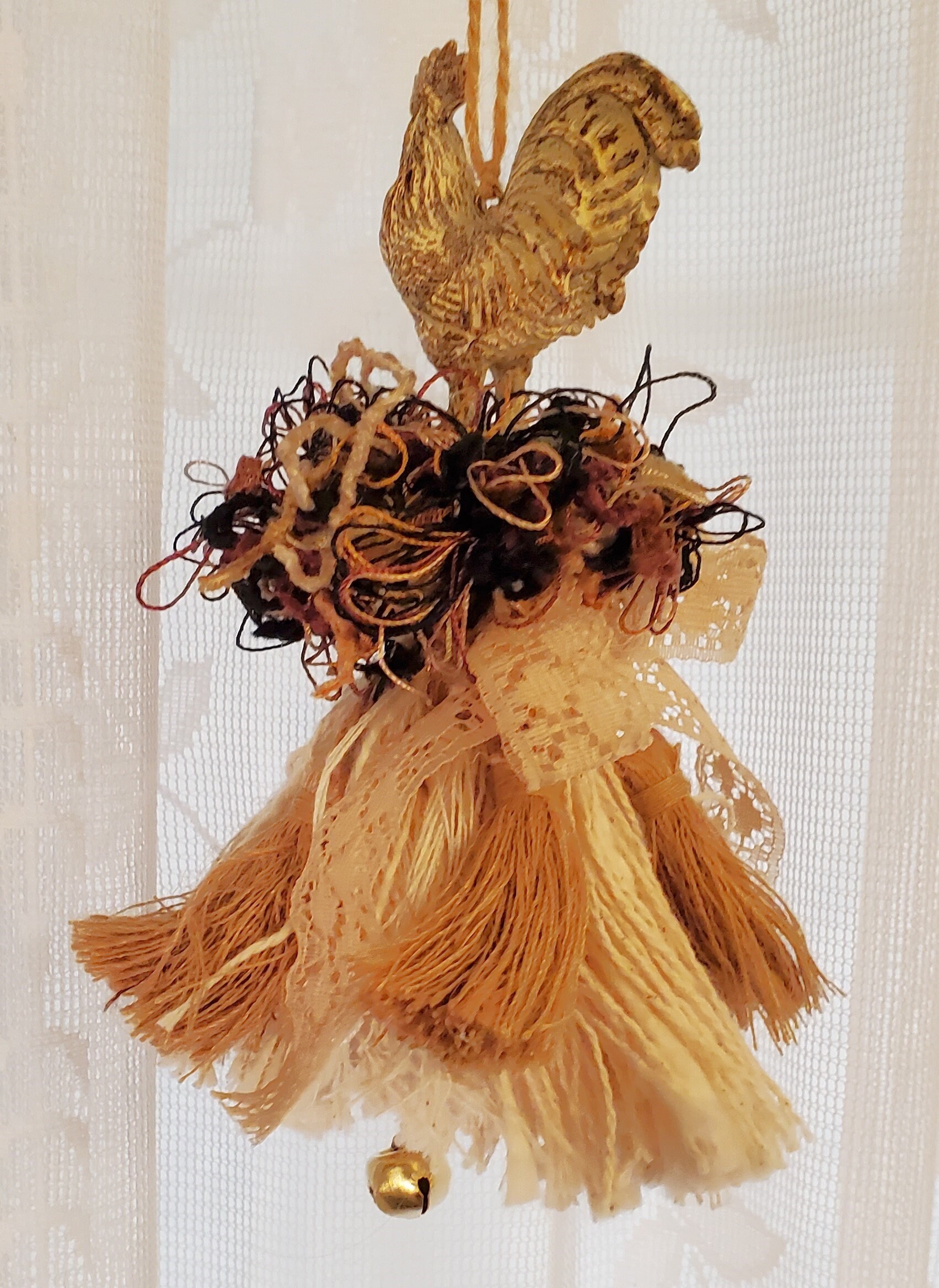 Burlap and Lace Trim Rooster Tassel Artisan Tassel Unique Tassel Lamp ...