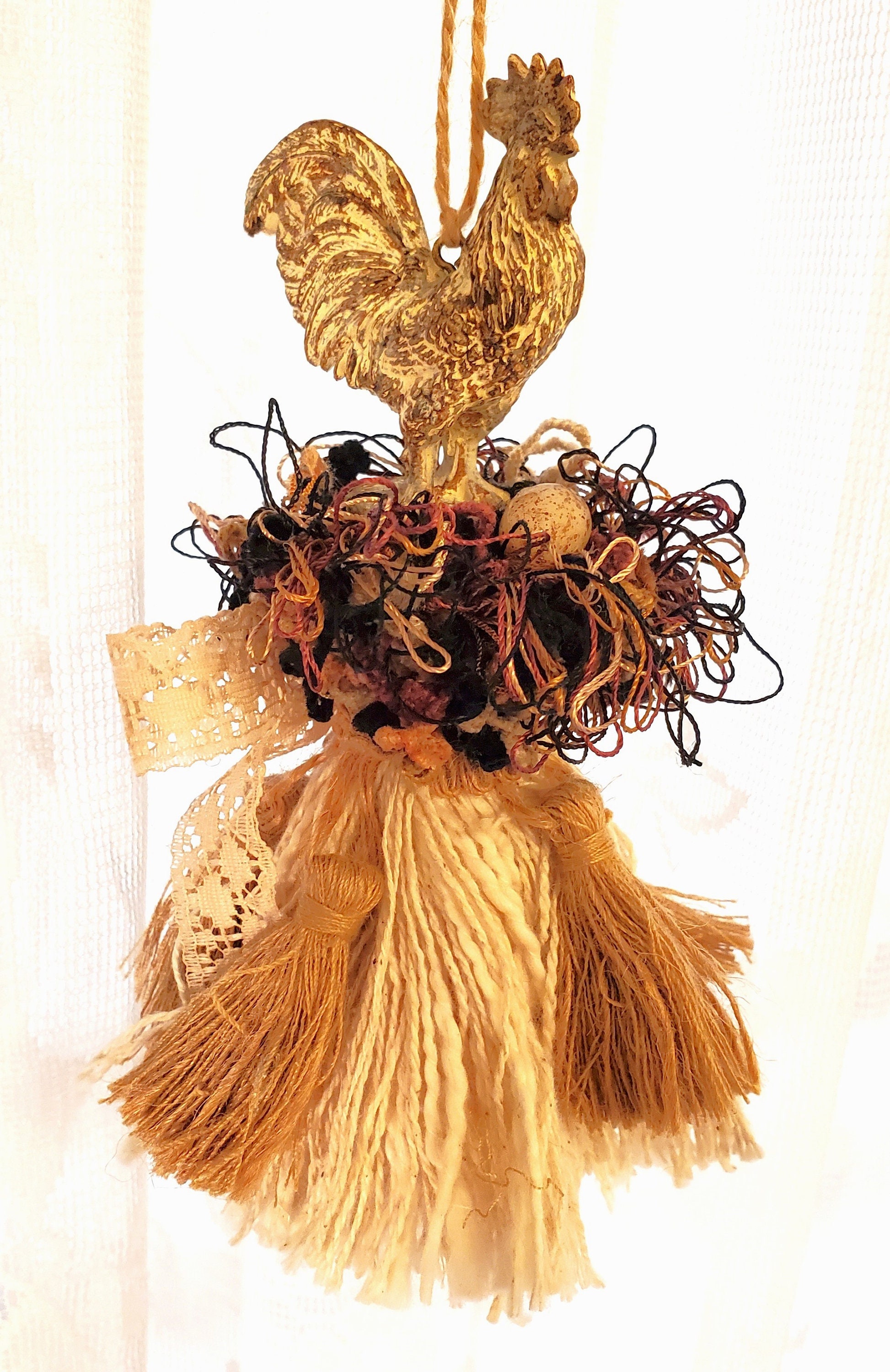 Burlap and Lace Trim Rooster Tassel Artisan Tassel Unique Tassel Lamp ...