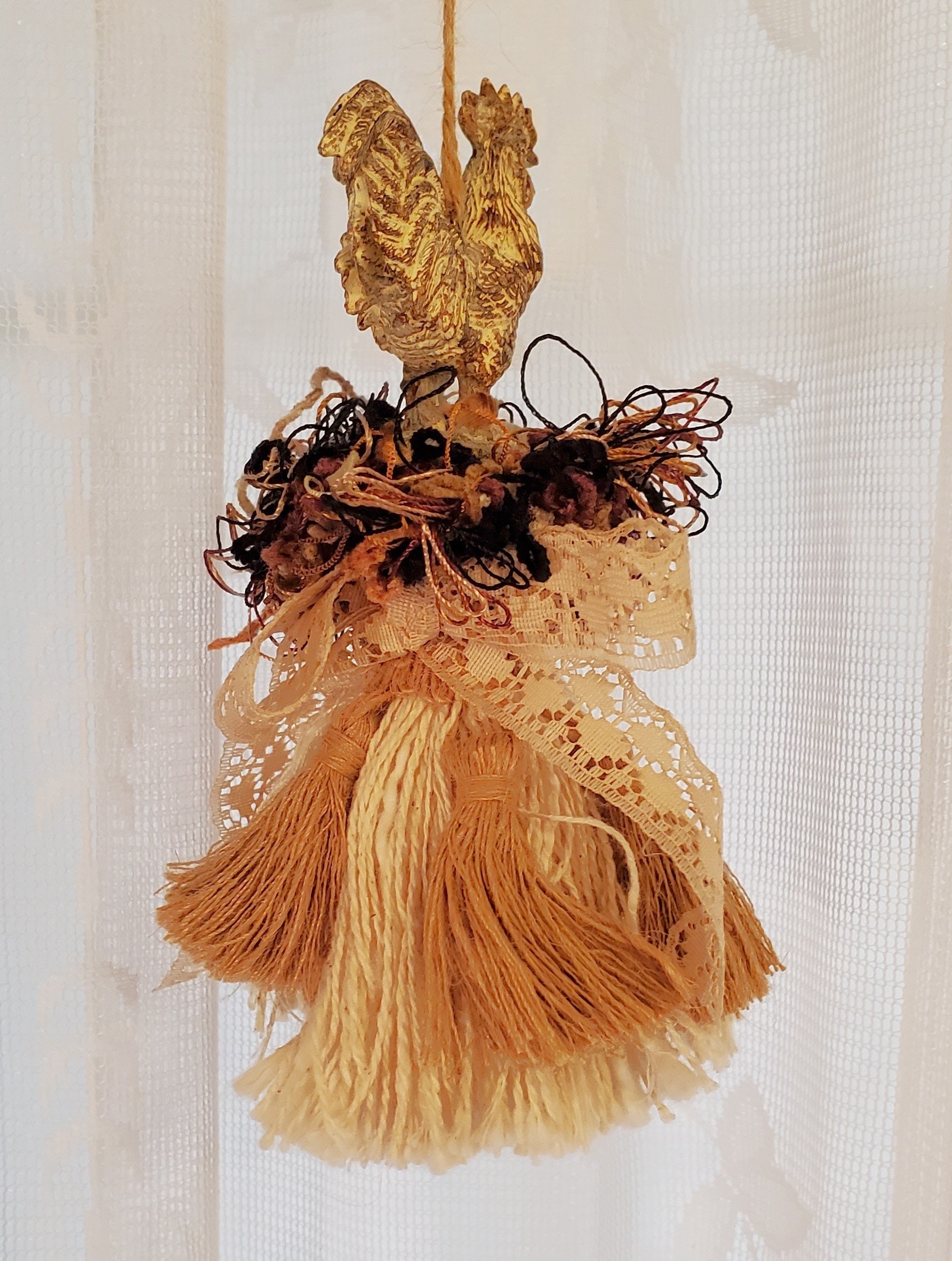 Burlap and Lace Trim Rooster Tassel Artisan Tassel Unique Tassel Lamp ...
