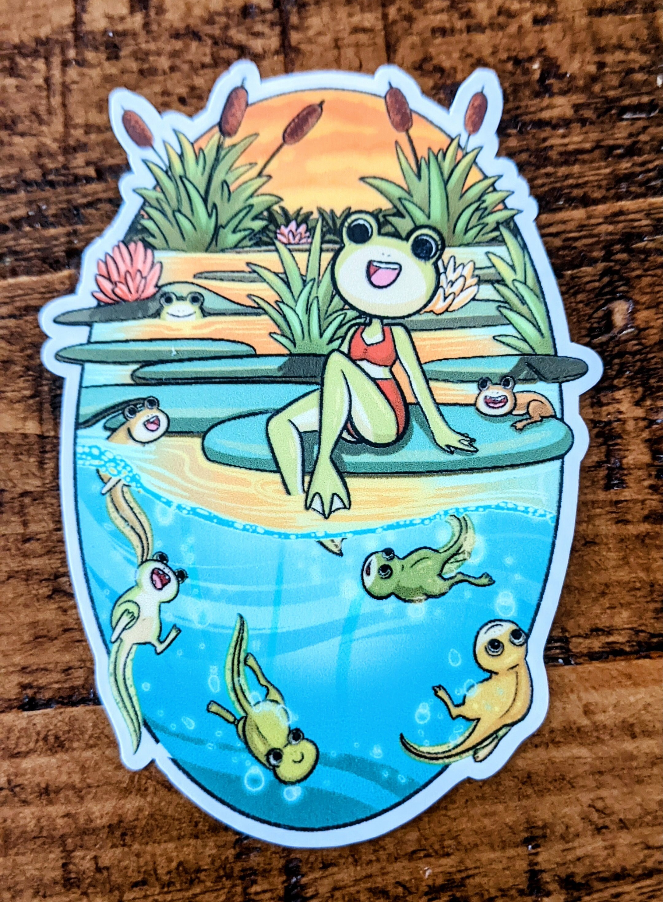 Cute Frog and Tadpoles Sticker, Swamp, Bathing Suit, Swimming, Lily ...
