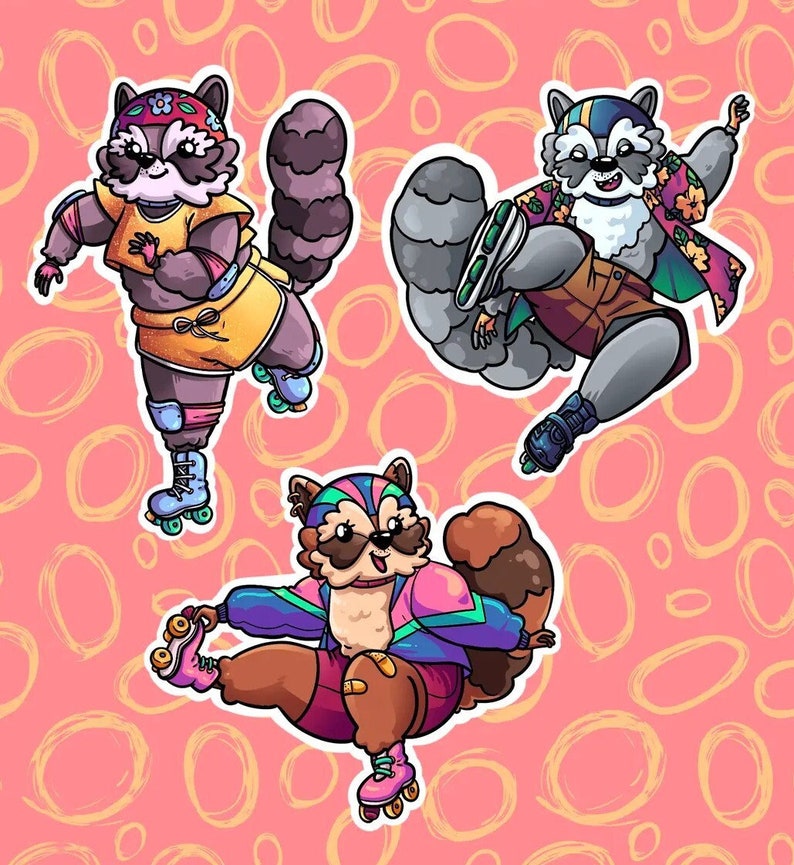 Roller Skating Raccoon Sticker Set, Rollerblading, Cute Original Art, Waterproof Vinyl ...
