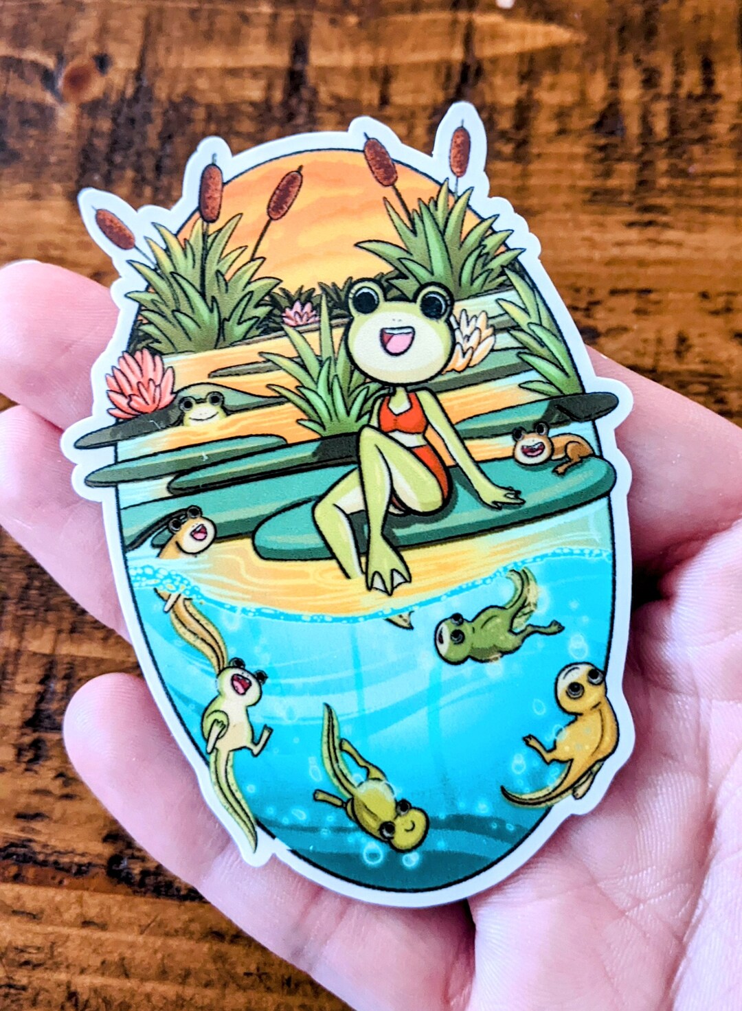 Cute Frog and Tadpoles Sticker, Swamp, Bathing Suit, Swimming, Lily ...