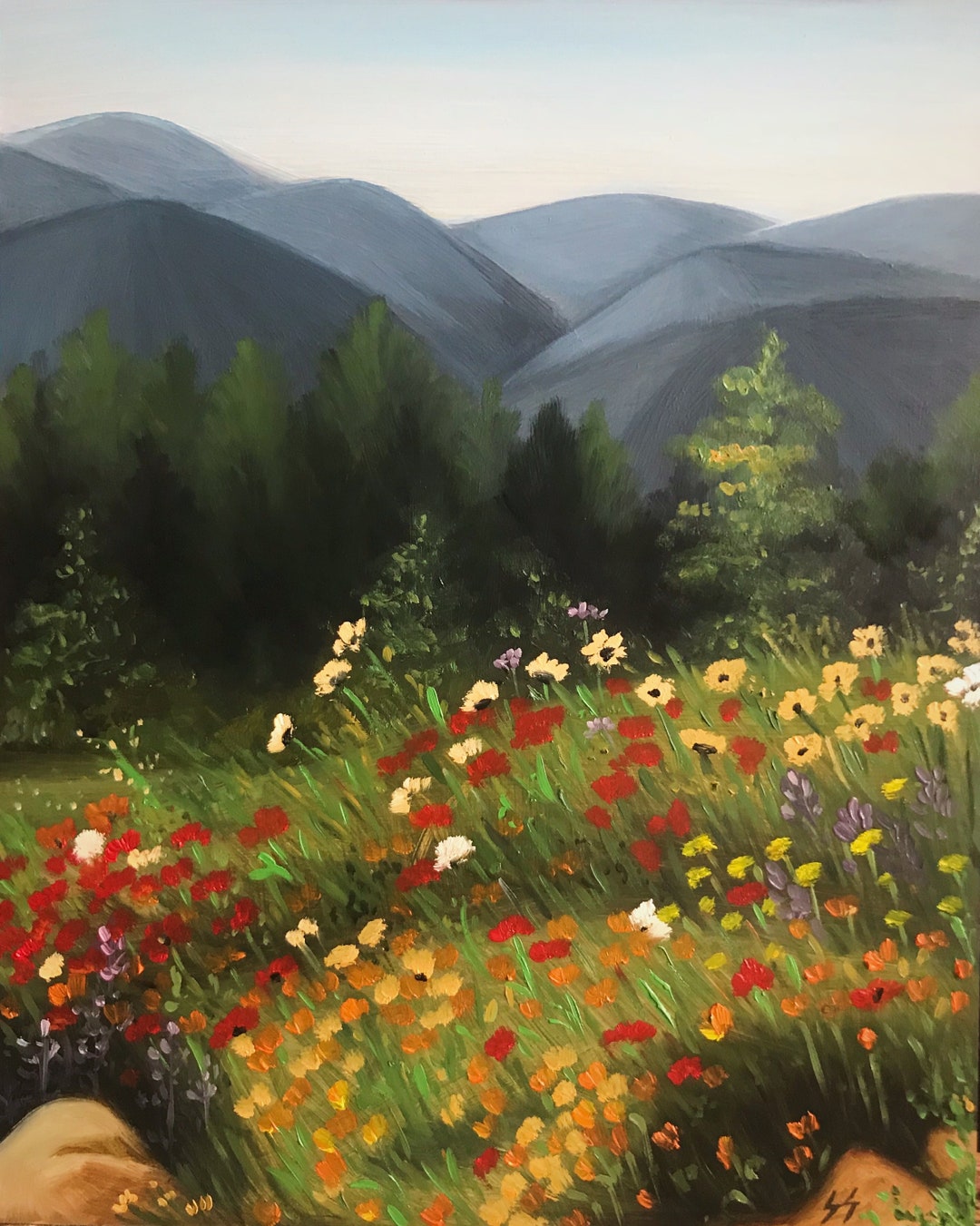 Landscape Oil Painting, Painting of a Meadow, Wildflowers, Scenery ...