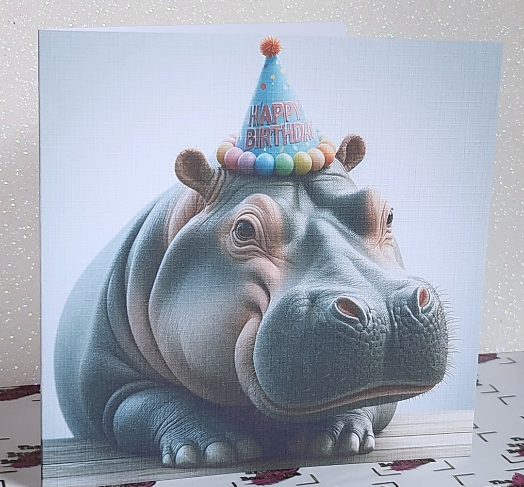 Hippo Birthday Card Hippopotamus Wearing Birthday Hat Happy Birthday ...