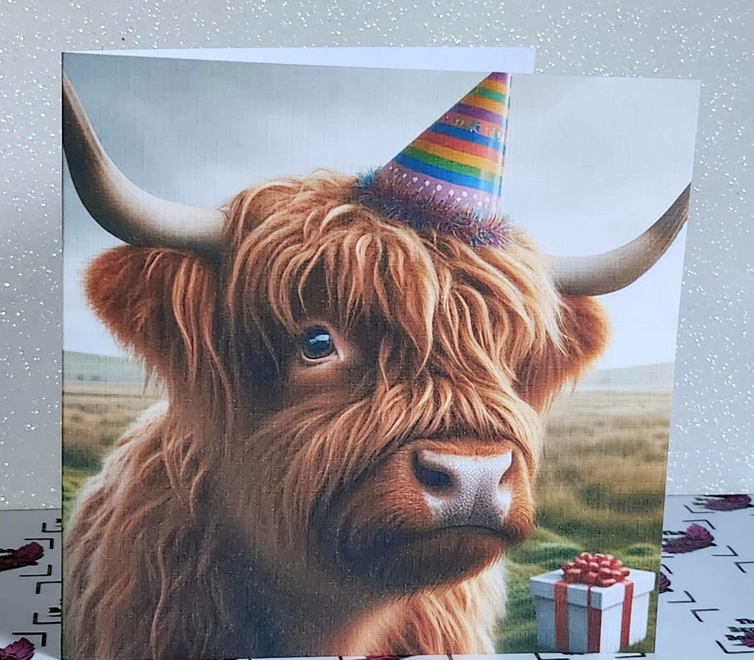 Highland Cow Birthday Card Highland Coo With Birthday Hat Happy ...