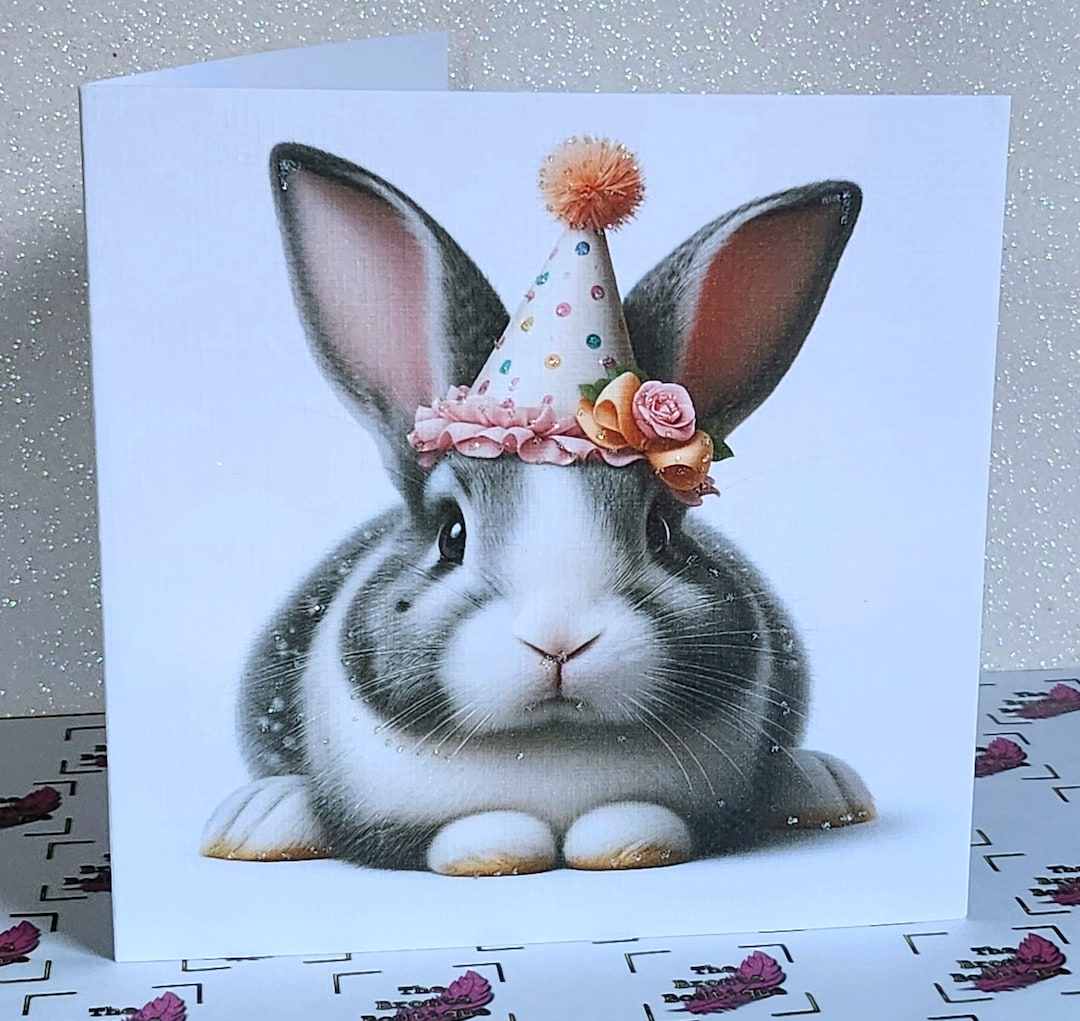 Bunny Rabbit Birthday Card Cute Rabbit With Birthday Hat Glitter Happy ...