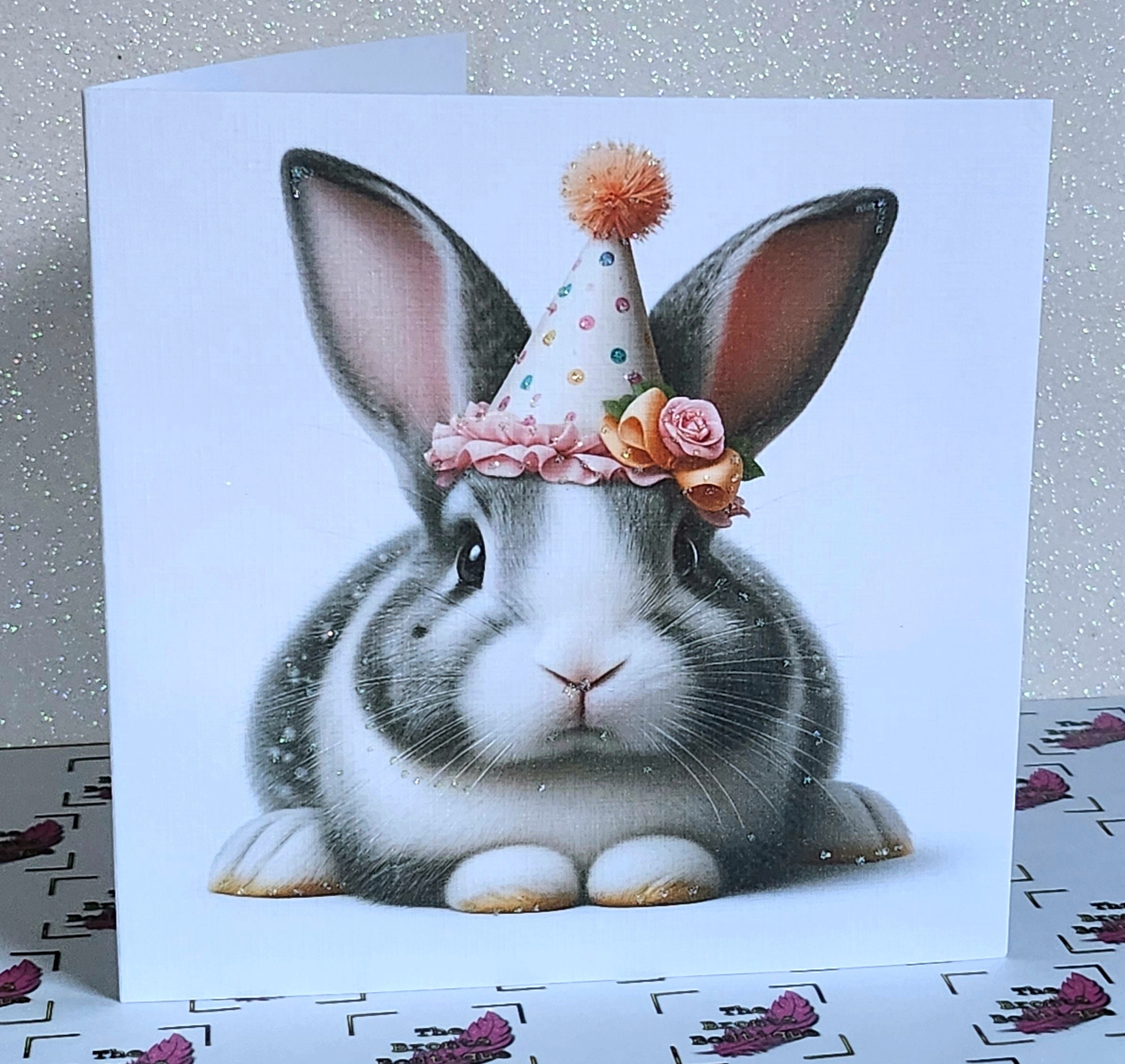 Bunny Rabbit Birthday Card Cute Rabbit With Birthday Hat Glitter Happy ...