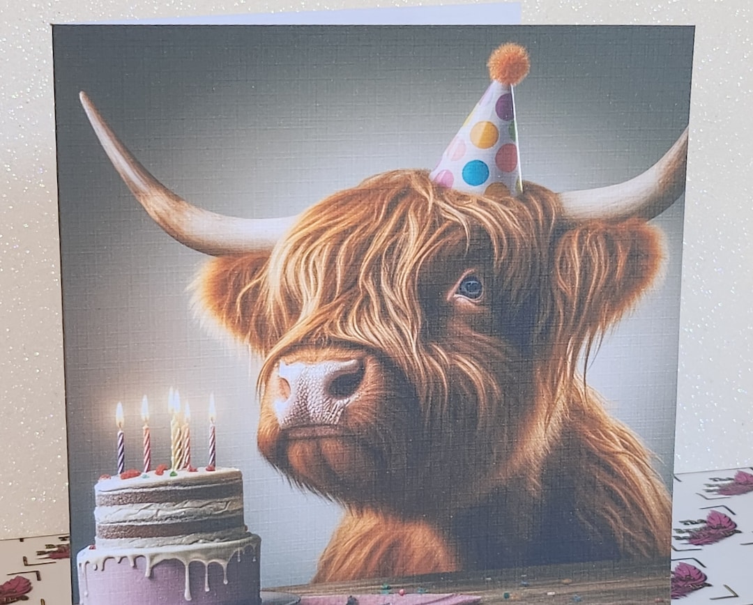 Highland Cow Birthday Card Highland Coo With Birthday Hat Birthday Cake ...