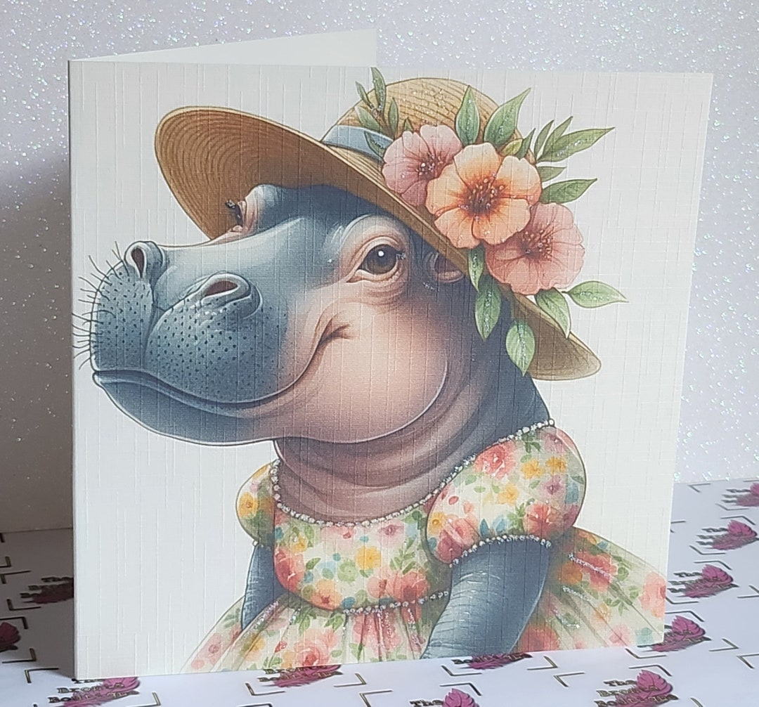 Hippo Birthday Card Hippo Wearing Floral Dress & Hat Watercolour Peach ...