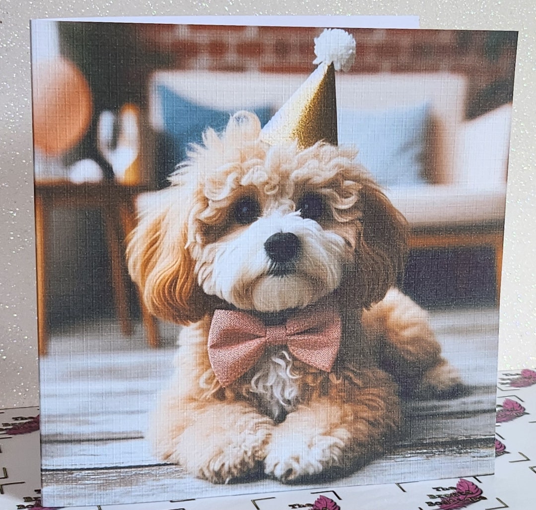 Cockapoo Birthday Card Cockapoo Wearing Birthday Hat & Bow Tie Happy ...