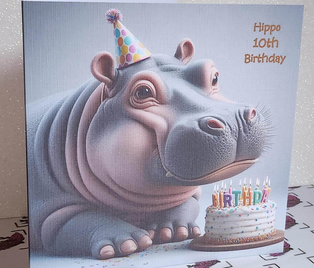 Hippo 10th Birthday Card Hippopotamus Wearing Birthday Hat With ...