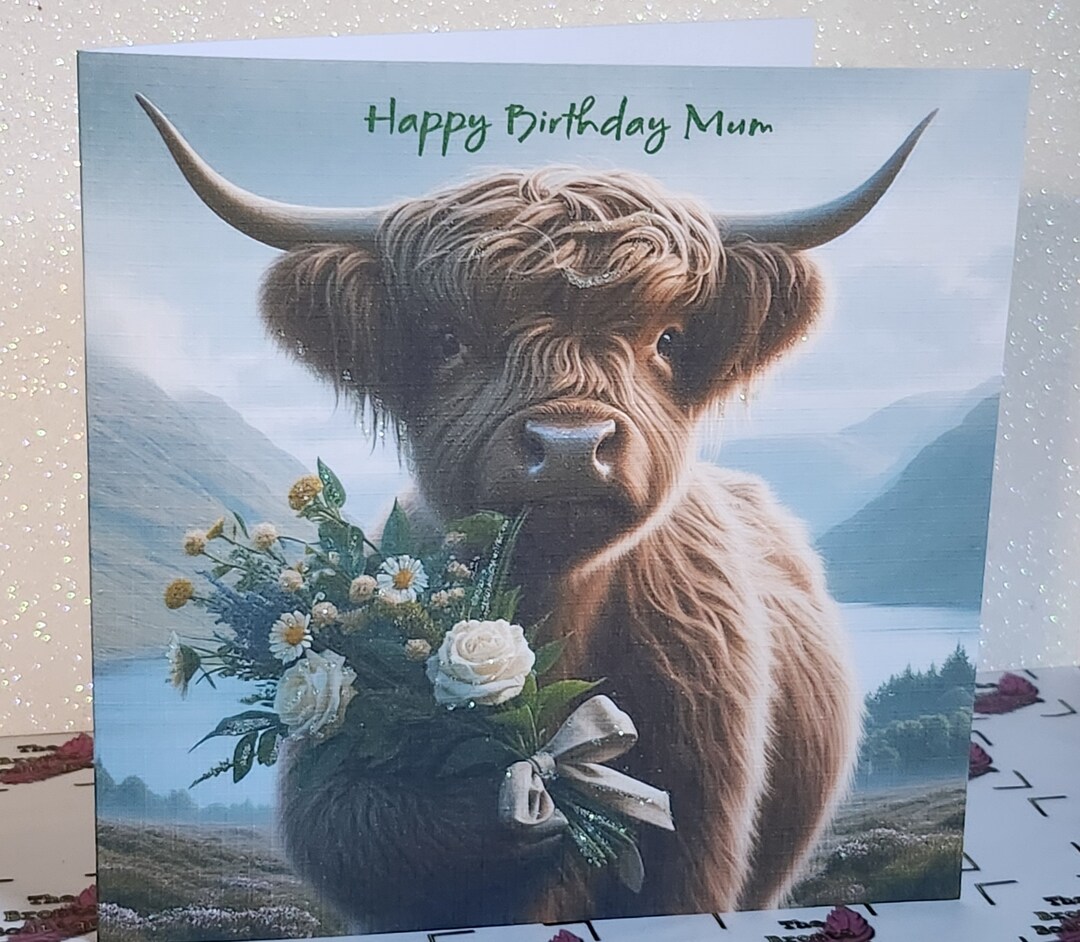 Highland Cow Birthday Card Highland Cow Holding Bunch of Flowers 'happy ...