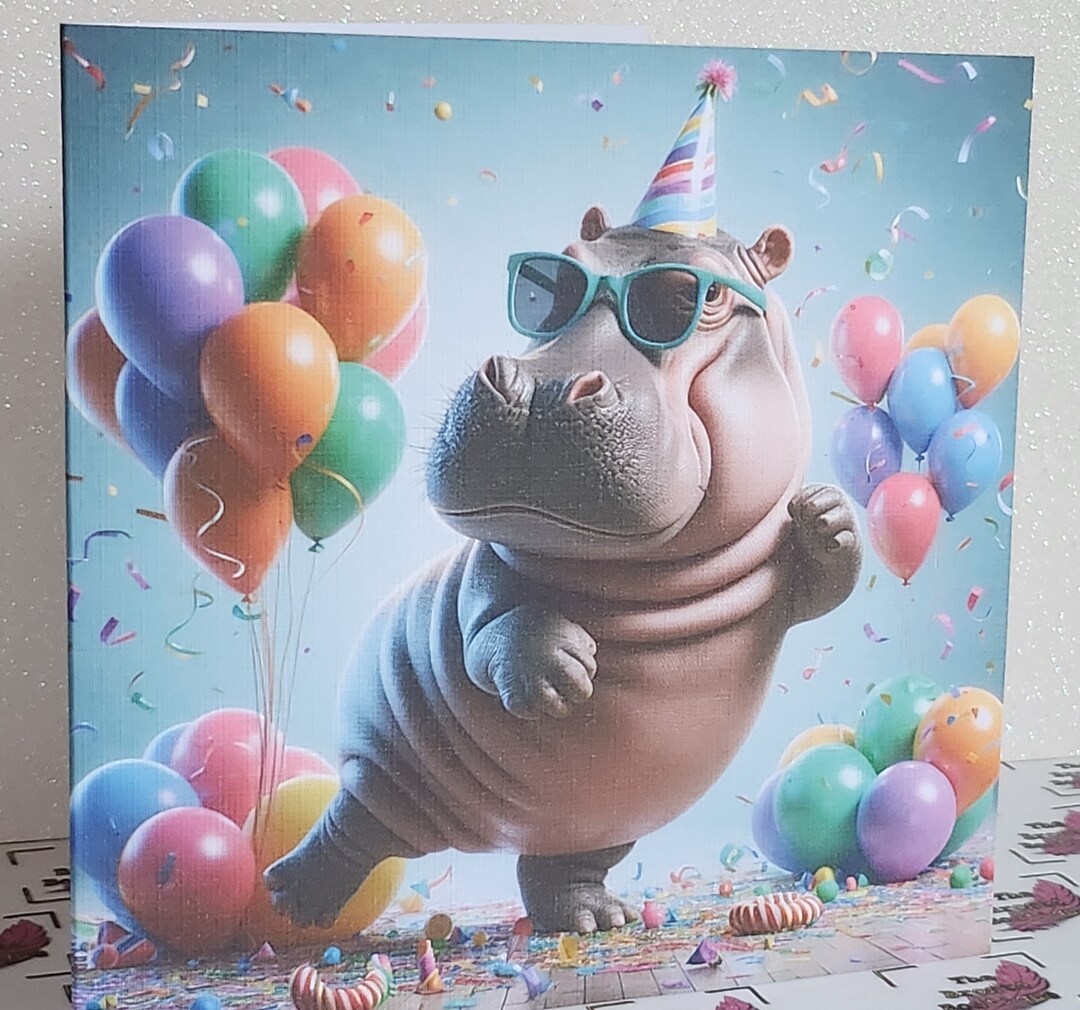 Hippo Birthday Card Hippopotamus Wearing Birthday Hat With Balloons ...