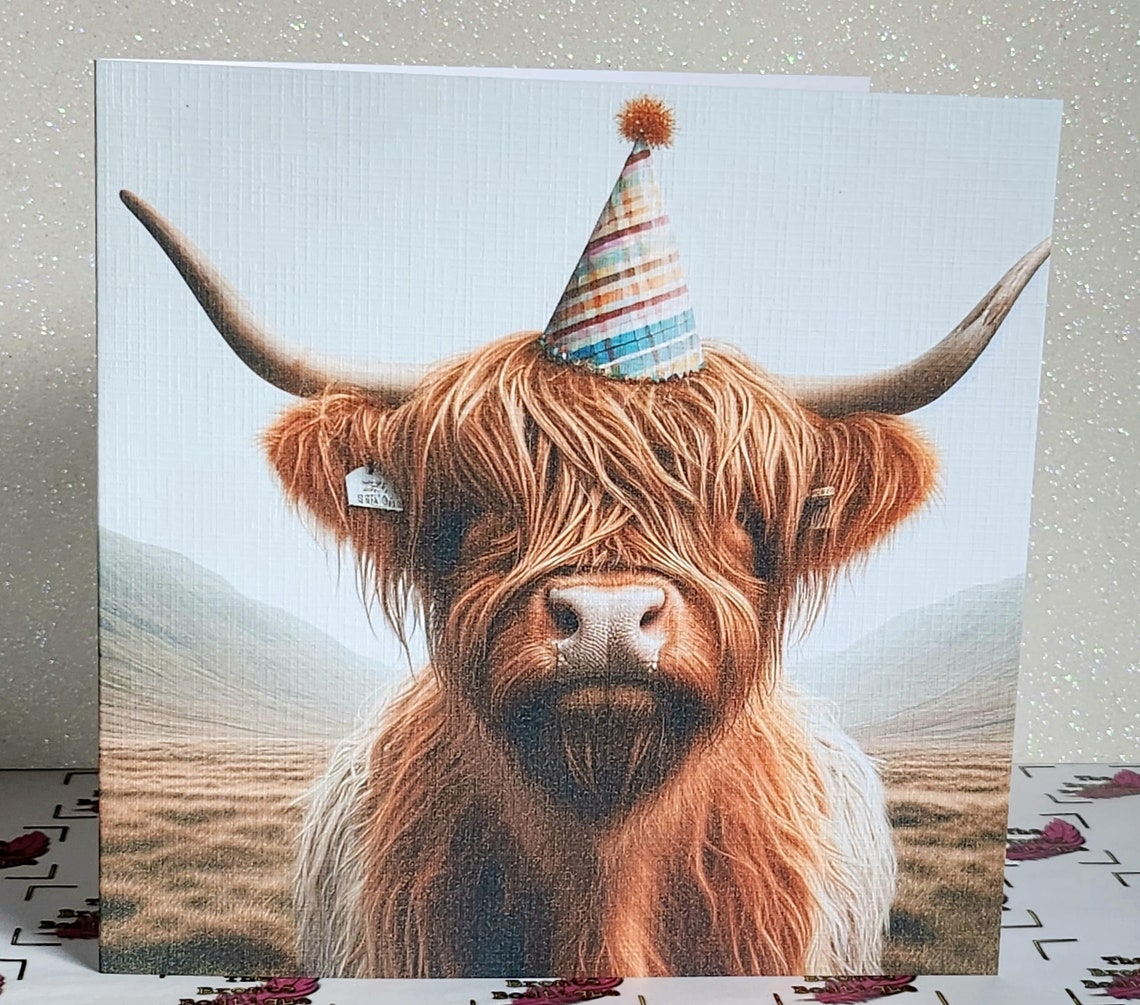 Highland Cow Birthday Card Highland Coo With Birthday Hat Happy ...