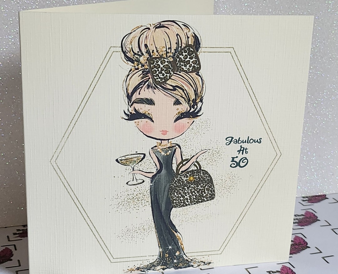 Fabulous at 50 Birthday Card Blonde Girl Black Dress Leopard Print ...