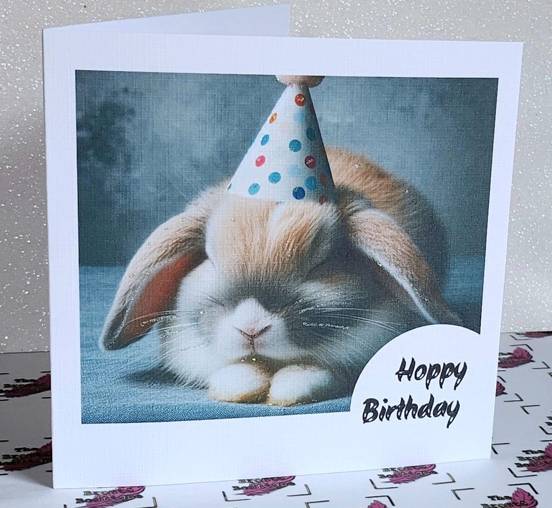Bunny Rabbit Birthday Card Cute Rabbit With Birthday Hat Glitter 'hoppy ...