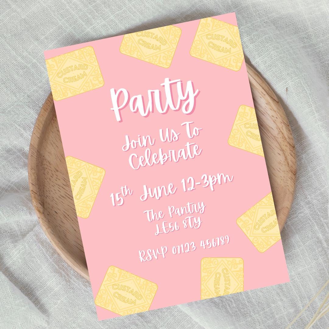 Custard Cream Biscuit Birthday Invitation | Tea Party Invite ...