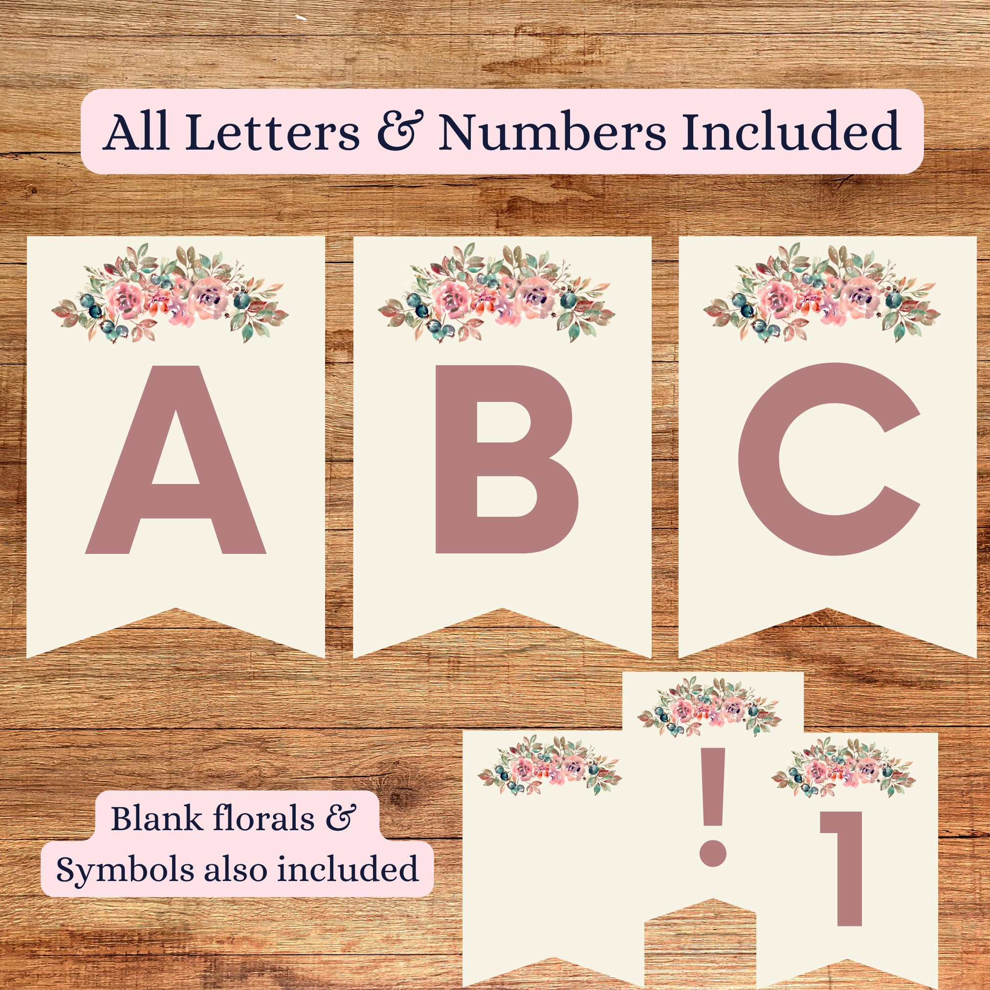 Simple Floral Printable Bunting, Floral DIY Banner, Blush Pink Green ...