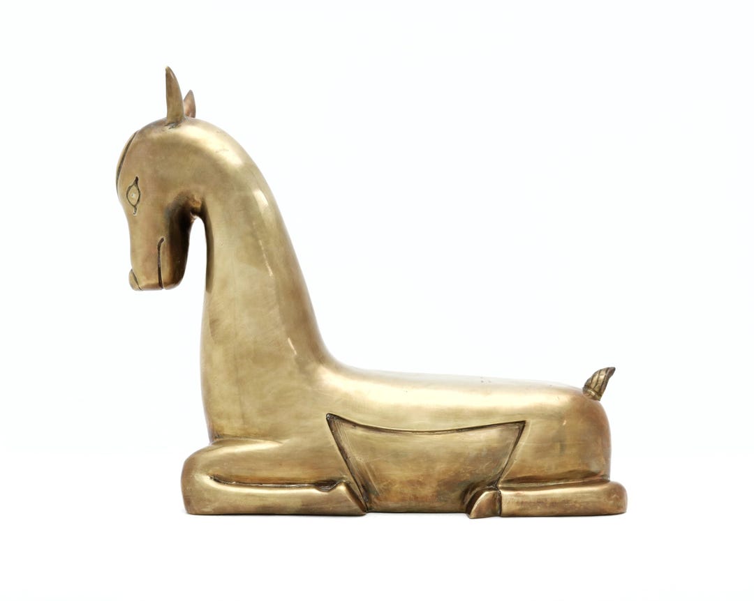 Stylized Brass Horse Statue, Vintage Recumbent Horse Figurine, Modern ...