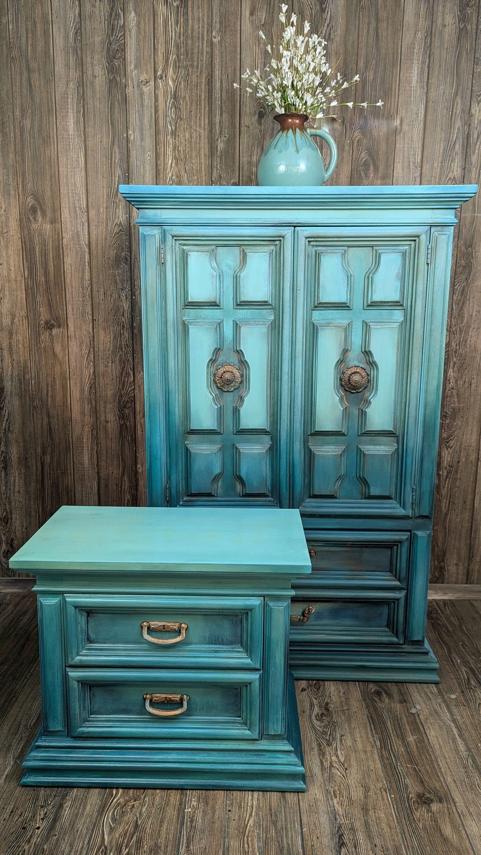 Boho Armoire and Nightstand Turquoise Armoire Turquoise Nightstand Painted Furniture Painted Armoire Etsy