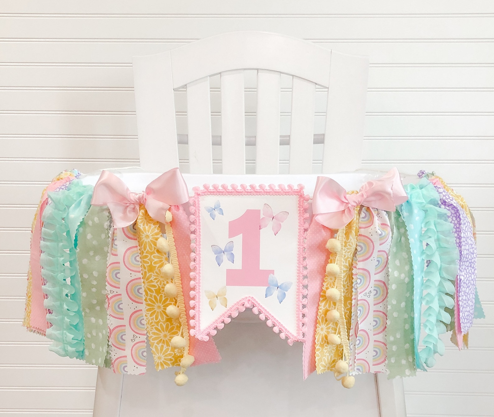 Pastel Rainbow Butterfly 1st Birthday High Chair Banner, Spring Banner ...
