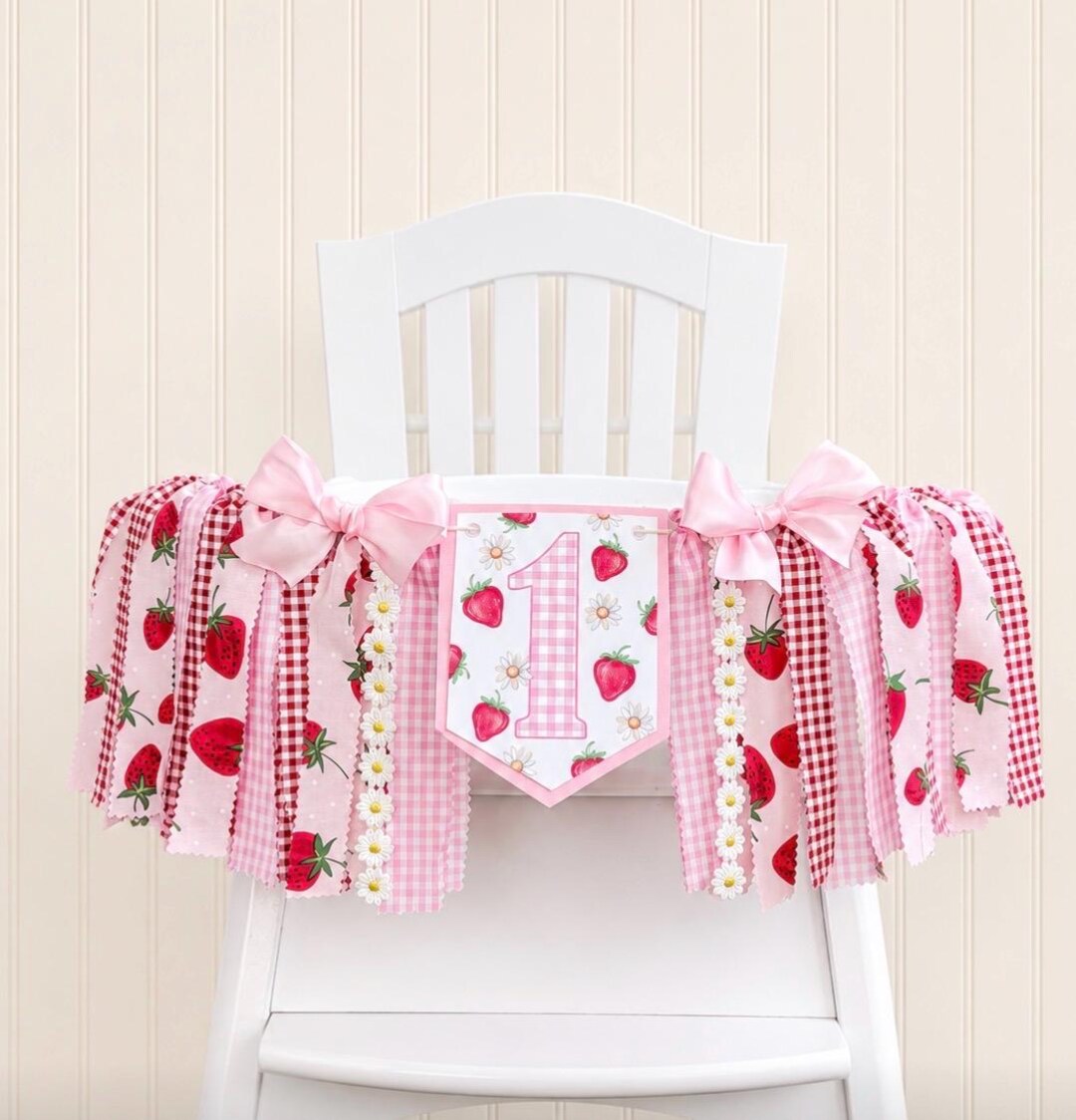Pink Red Strawberry Daisy Picnic Birthday High Chair Fabric Banner, Can ...