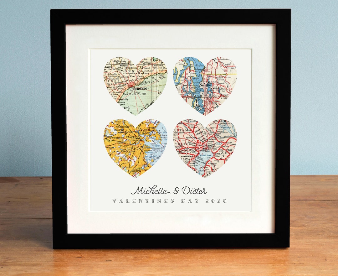 Valentines Day Four Heart Vintage Map Personalized Art Print With ...