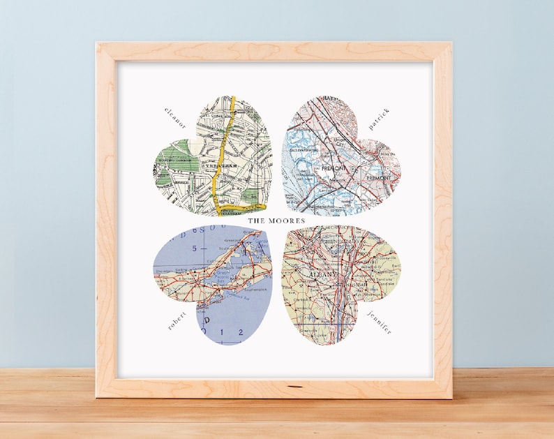 Custom Clover Heart Map Art Print, Wedding Anniversary Gift - Etsy