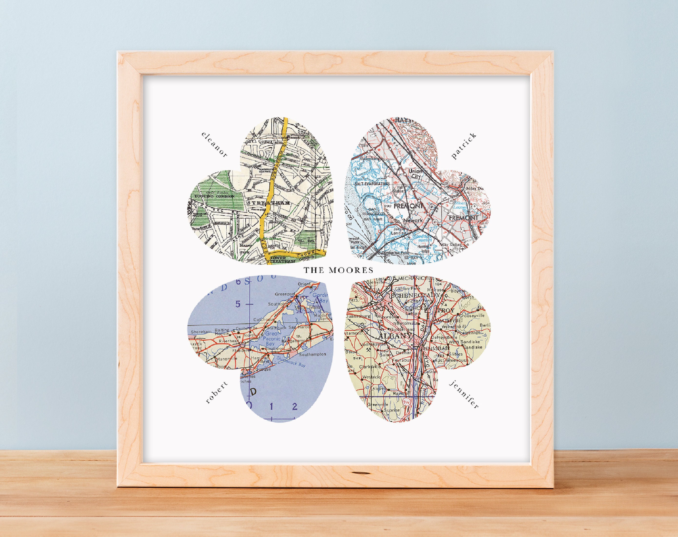 Four Maps Clover Heart Wedding Gift Art Custom Family Map | Etsy