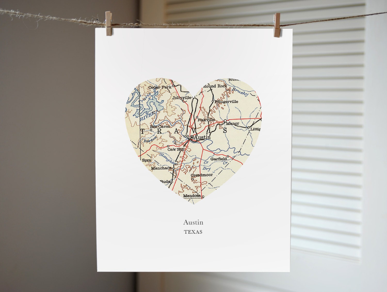 Austin Texas Map Heart Print TX Print Heart Map Print - Etsy