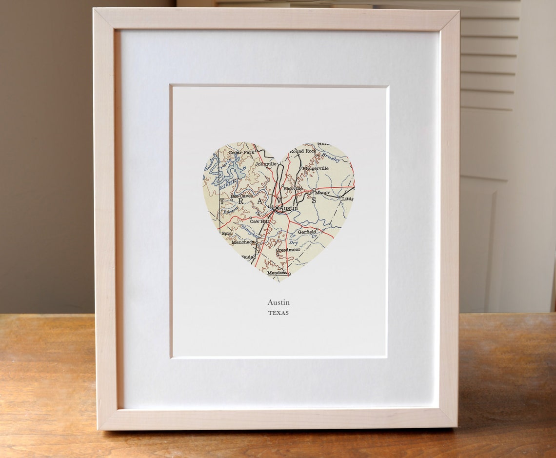 Austin Texas Map Heart Print TX Print Heart Map Print | Etsy