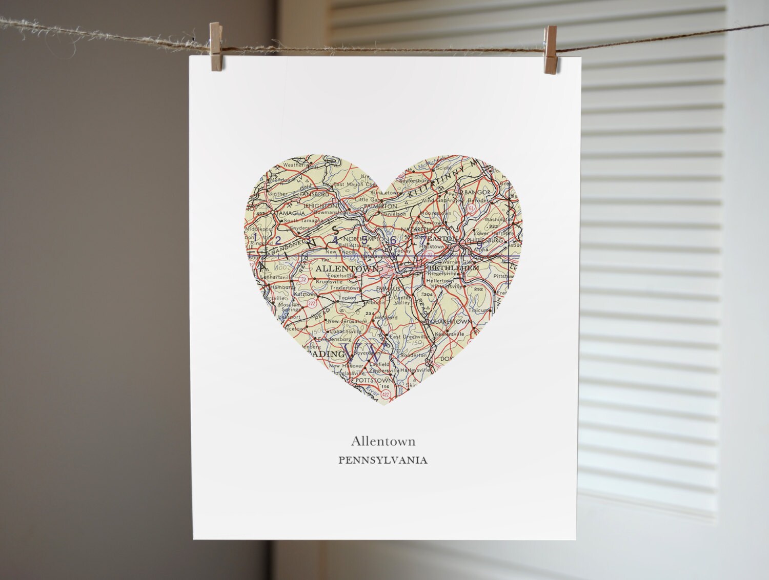Allentown Pennsylvania Heart Print PA Print Heart Map Print | Etsy