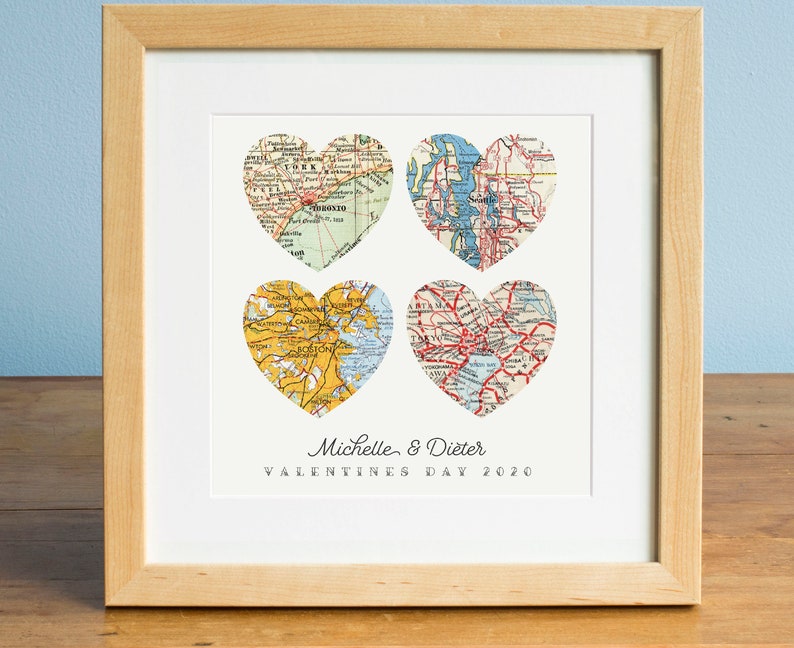 Valentines Day Four Heart Vintage Map Personalized Art Print With ...