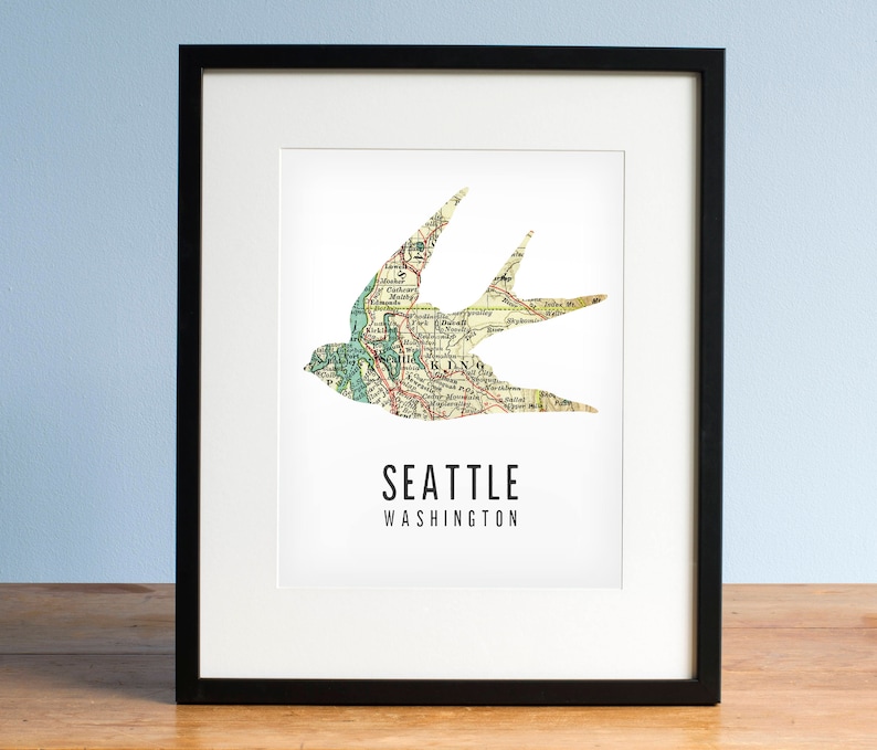 Any City Customized Swallow Map Map of Seattle Bird Shaped | Etsy