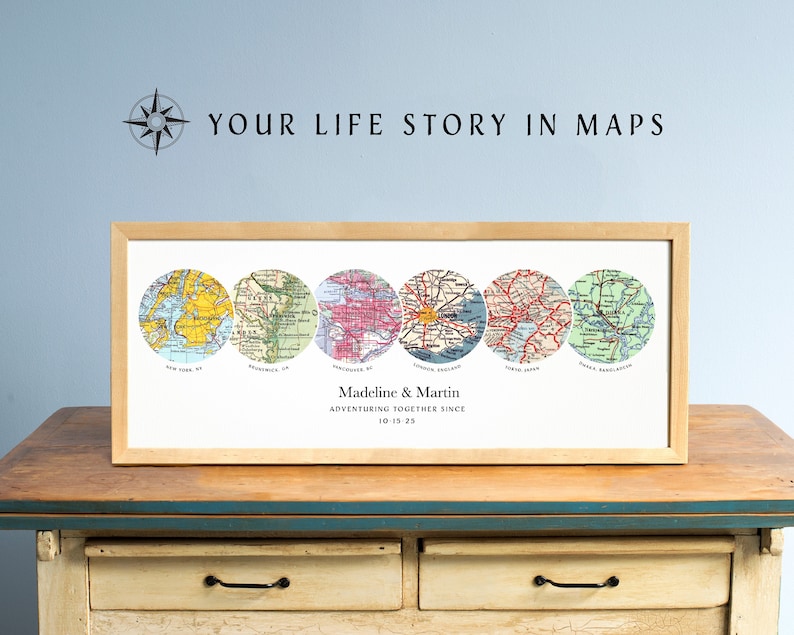 Personalized Life Story Map Art:6 Vintage Maps of Your Chosen Locations ...