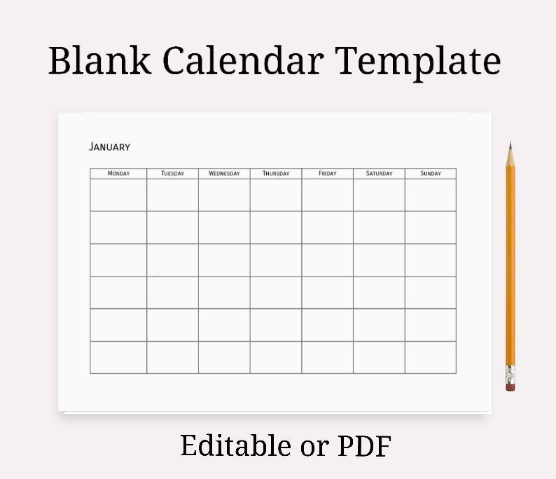 Blank EDITABLE Calendar Template Craft Commercal Use Digital Download ...