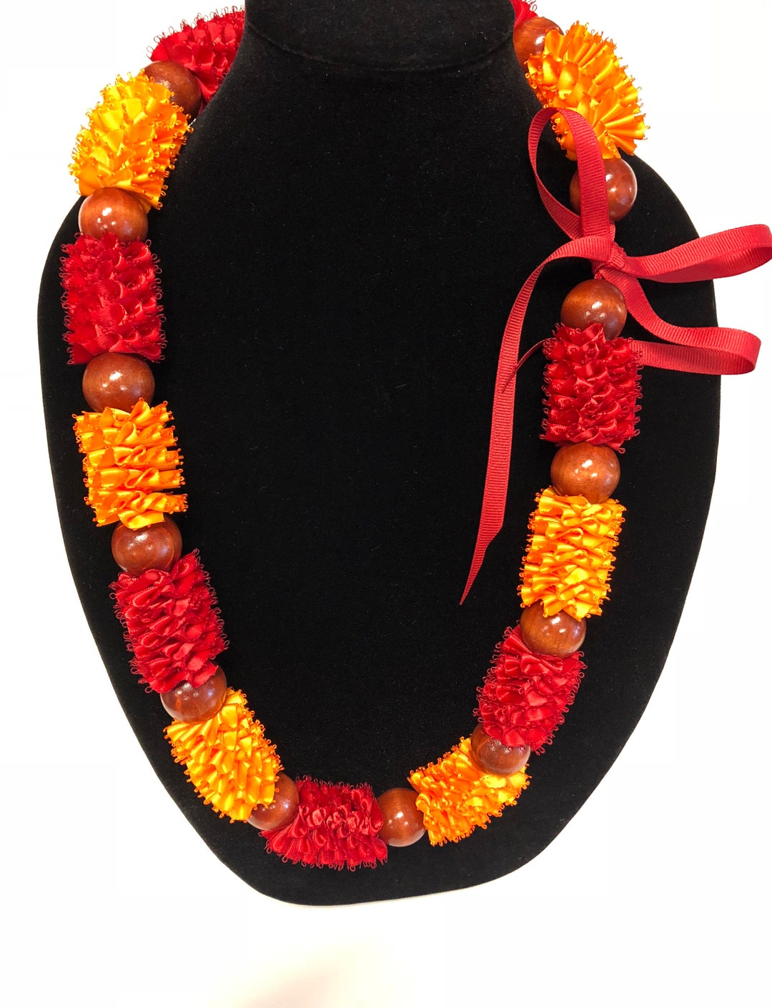 Handmade Satin Ribbon Lei, Red and Ilima Graduation Gift Wearable Art ...