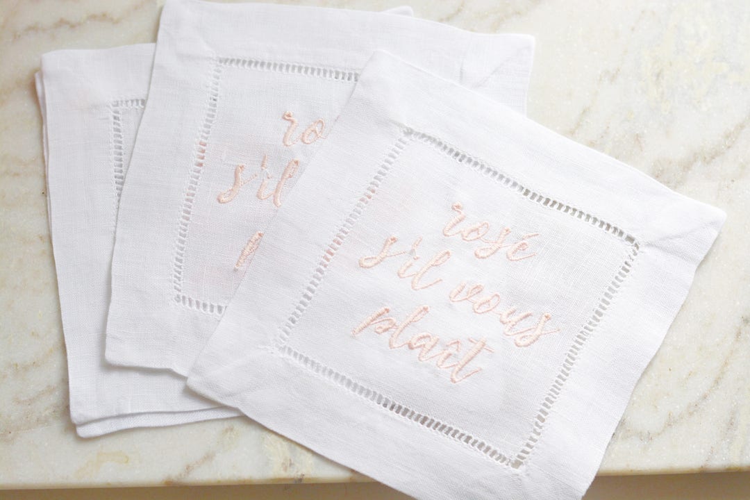 Rose Sil Vous Plait Embroidered Linen Cocktail Napkins Hostess Gift ...