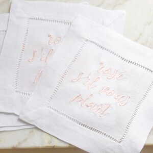Rose Sil Vous Plait Embroidered Linen Cocktail Napkins Hostess Gift ...