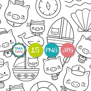 Sailor Pigs Digi Stamp - Cute Pigs Clipart / Black and White Pig ...
