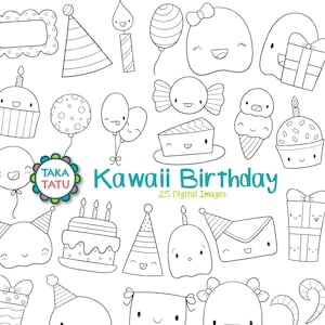 Kawaii Birthday Clipart - Birthday Digi Stamps / Cute Line Art / Cute ...