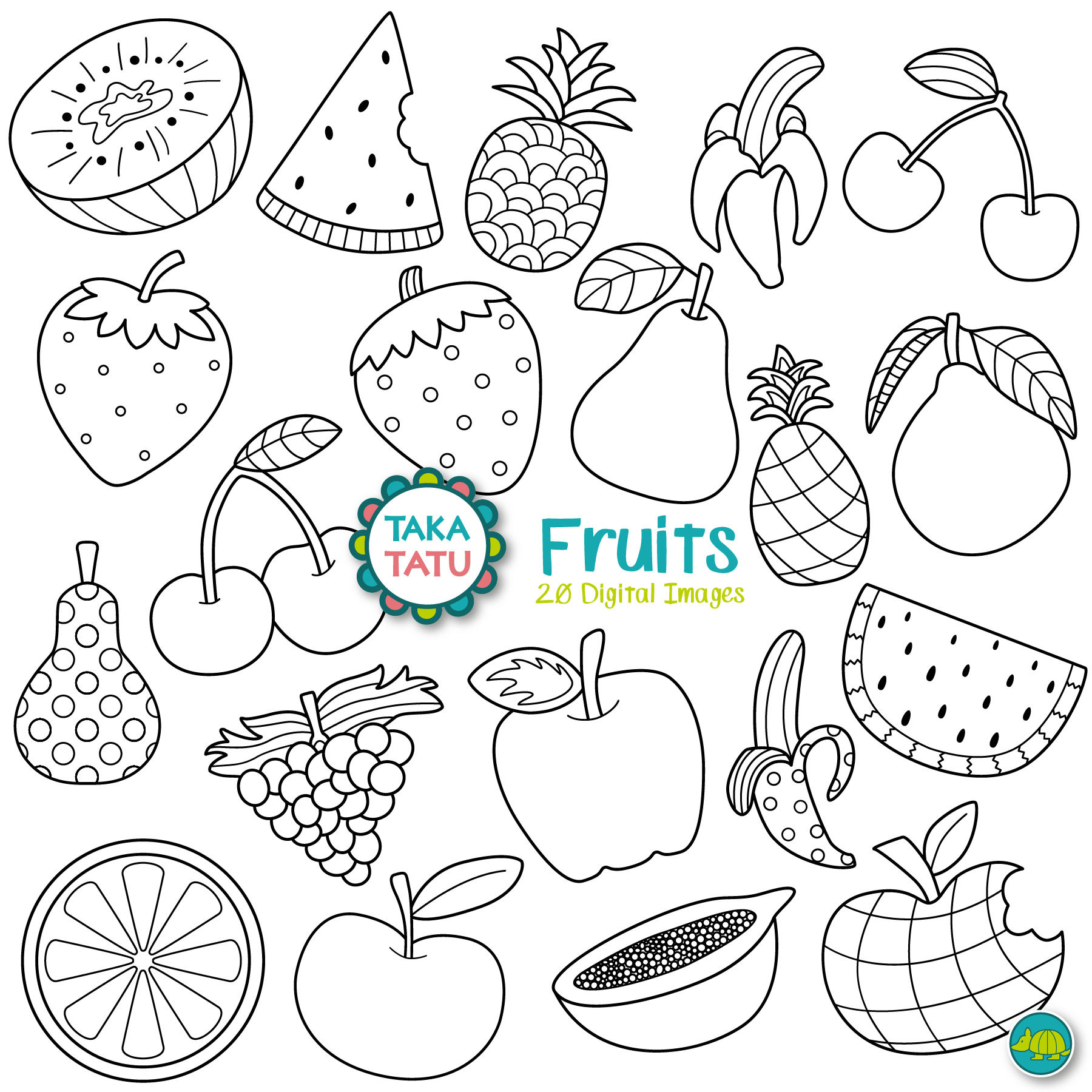 Fruits Digital Stamp Pack Black and White Clipart / Fruits - Etsy