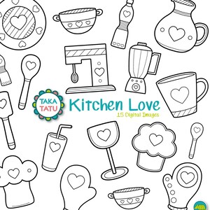 Kitchen Digital Stamp Pack - Black and White Clipart / Kitchen Clipart ...