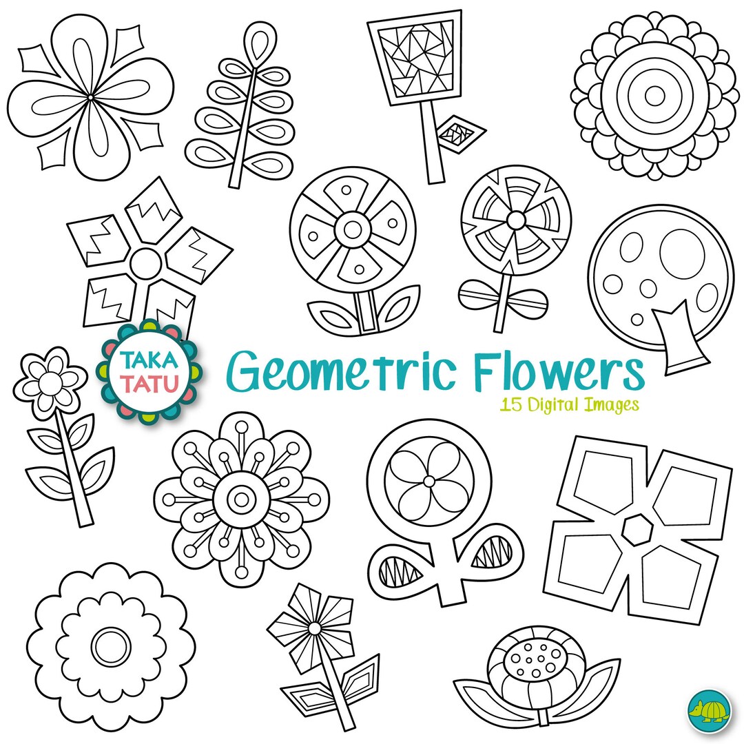 Geometric Flowers Digital Stamp Pack - Flowers Clipart / Geometric ...