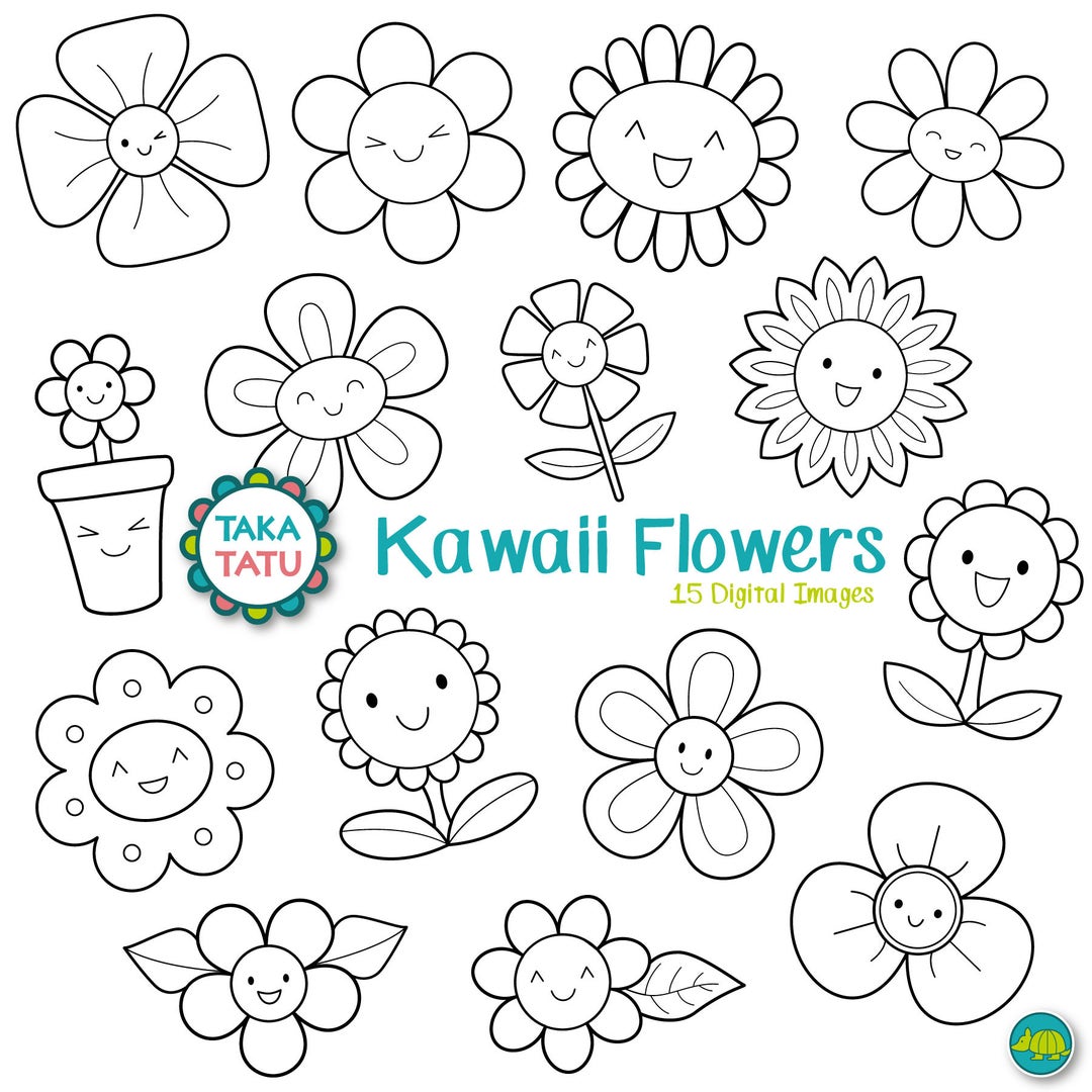 Kawaii Flowers Digital Stamp - Black and White Clipart / Kawaii Spring ...