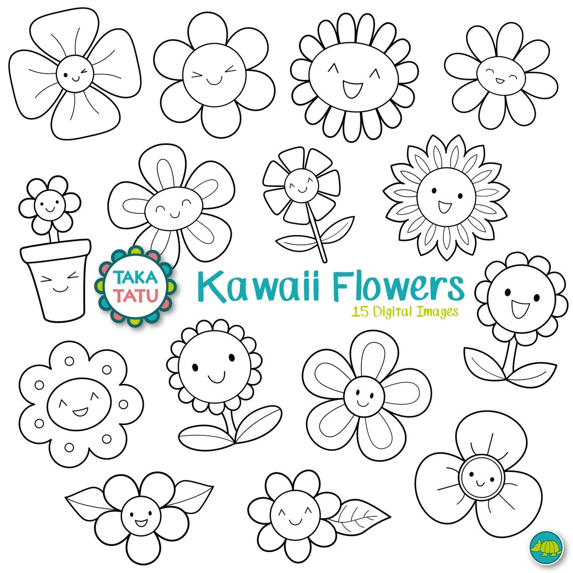 Kawaii Flowers Digital Stamp Black and White Clipart / - Etsy