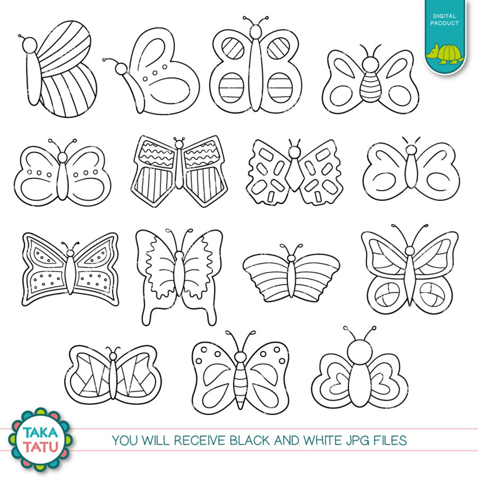 Butterfly Doodles Digital Stamp Black and White Clipart / - Etsy