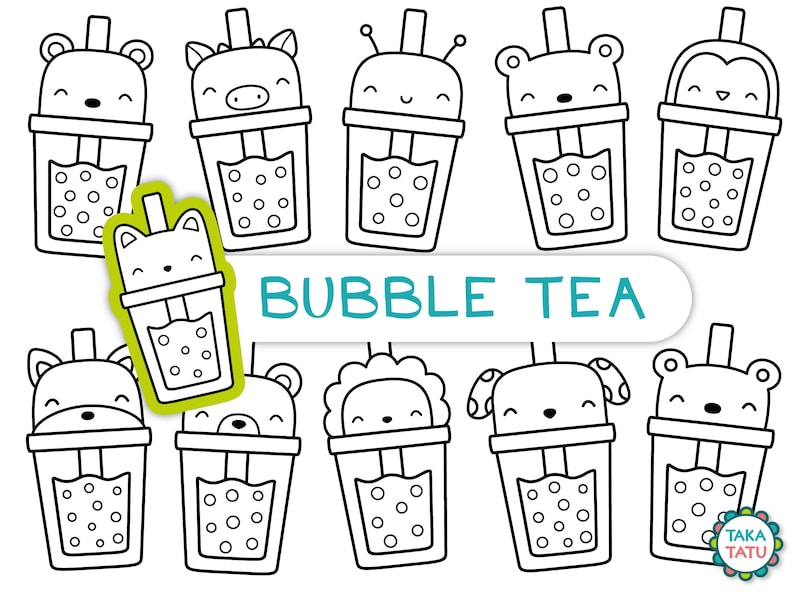 Bubble Tea Animals Digital Stamp - Hand Drawn Cute Boba Tea Clipart ...
